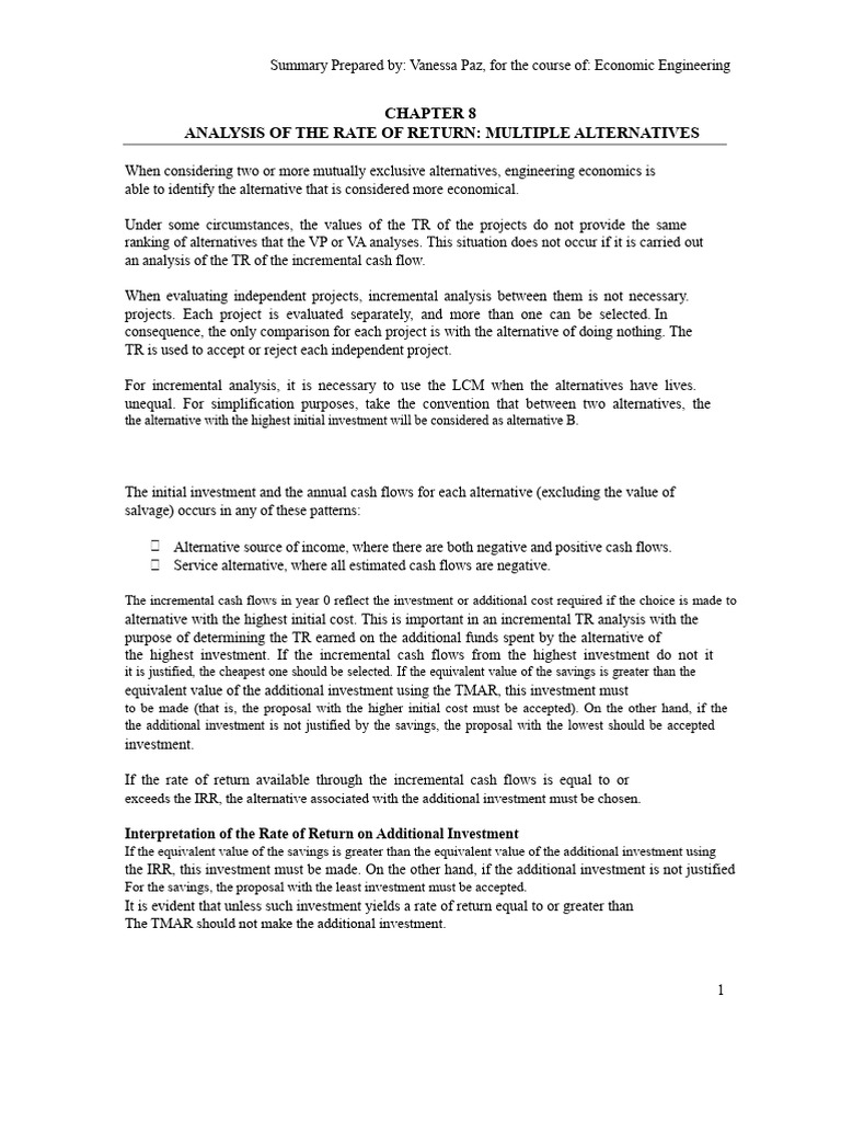CHAPTER 8 Analysis of The Rate of Return On Multiple Alternatives | PDF | Internal Rate Of ...