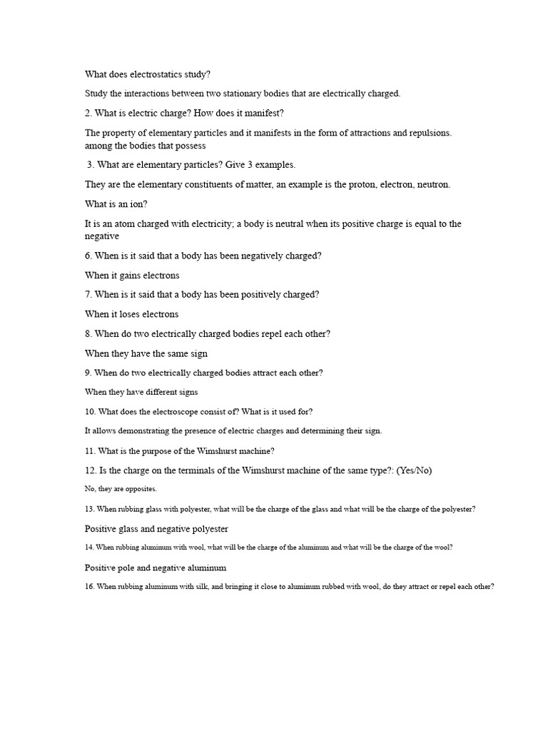 Short Test Questionnaire 1 | PDF | Electric Charge | Electron