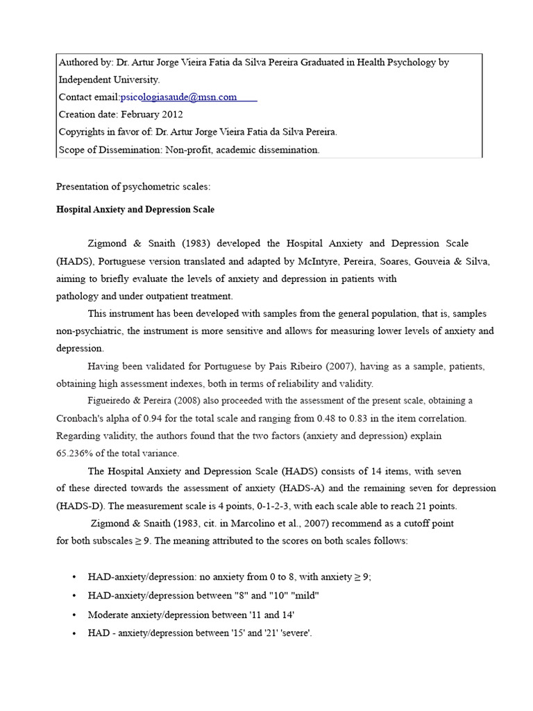Presentation of Psychometric Scales - Hospital Anxiety and Depression ...