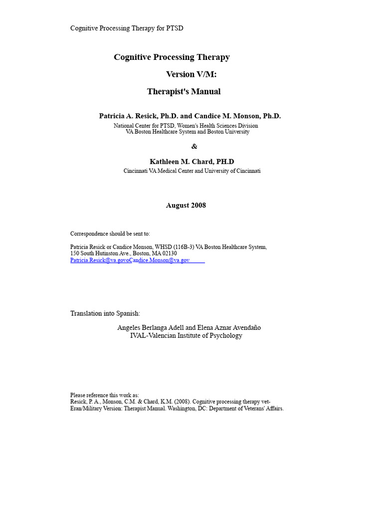 Cognitive Processing Therapy Manual | PDF | Psychological Trauma ...
