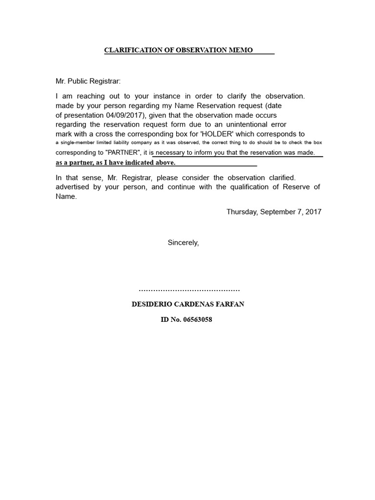 Clarification of Name Reservation Observation Notice | PDF