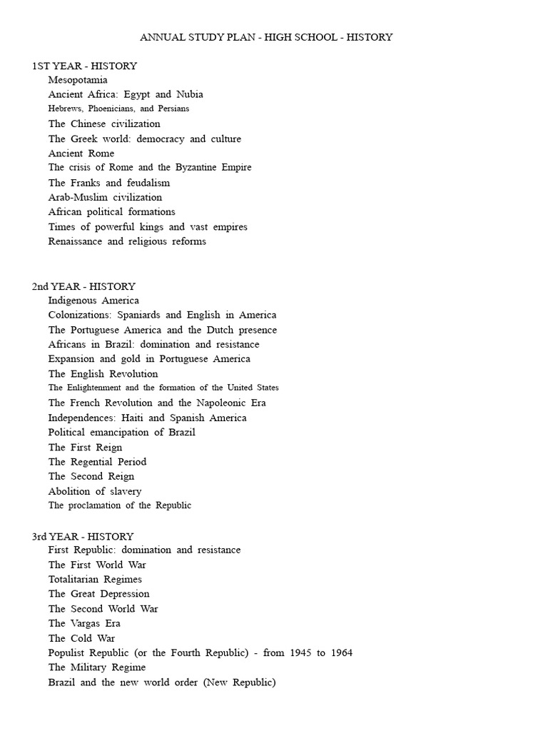 Annual Study Plan - History - High School | PDF