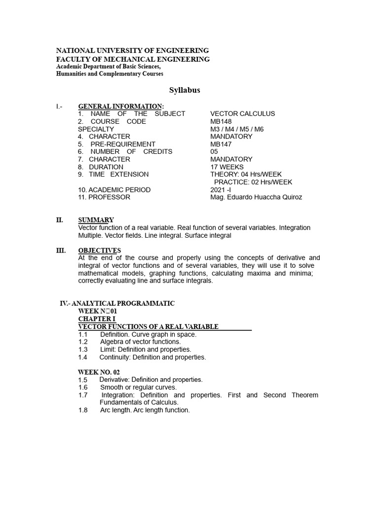 Syllabus Uni Vector Calculus Uni 2021-I | PDF | Integral | Derivative
