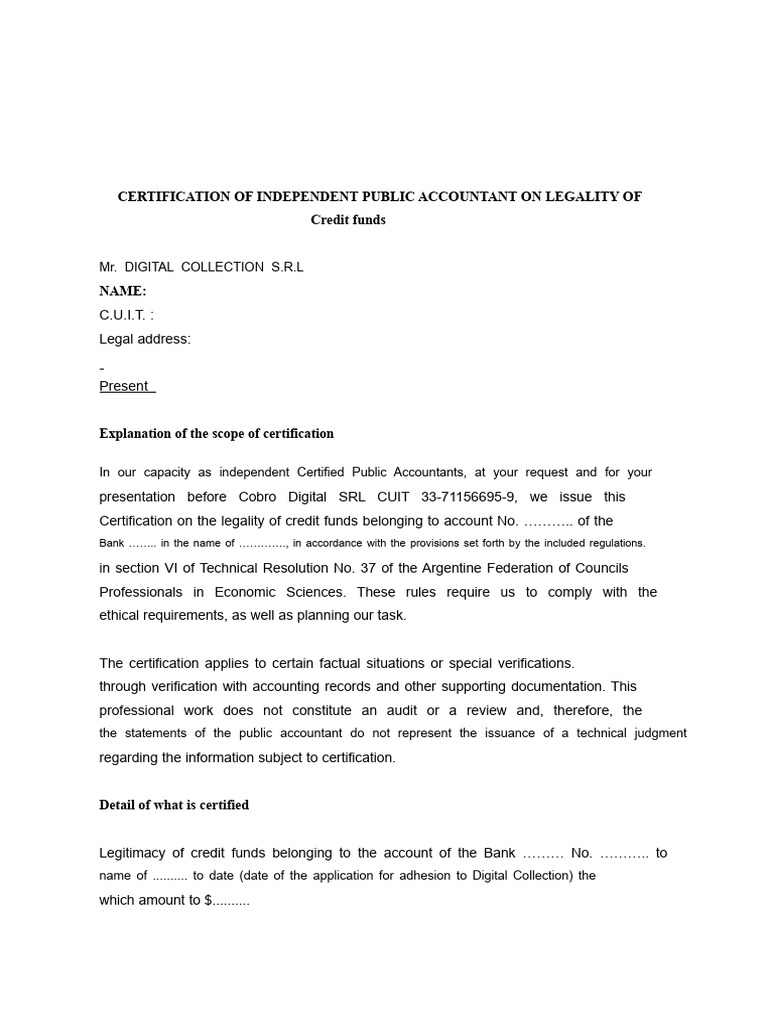 Certification of Credit Funds Legality | PDF