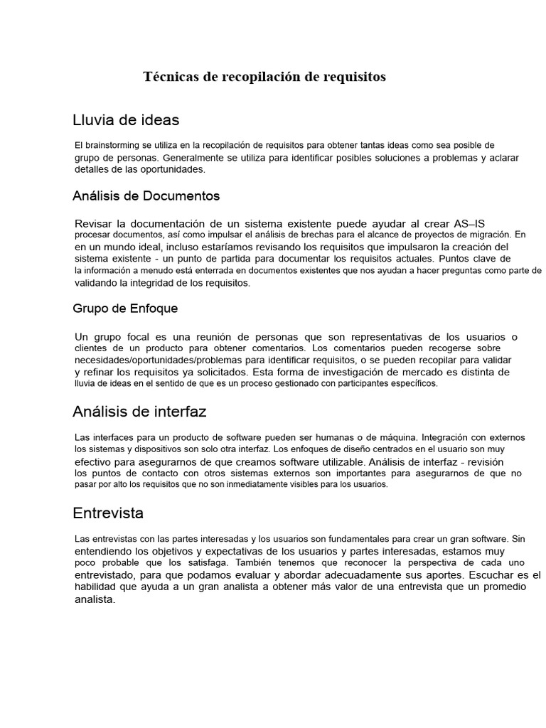 Técnicas para Recopilar Requisitos | PDF | Metodología de encuesta ...