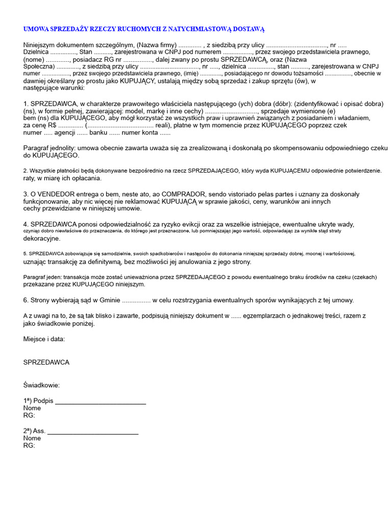 Umowa Sprzedaży Rzeczy Ruchomych Z Natychmiastowym Dostarczeniem | PDF