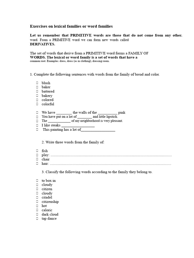 Exercises On Lexical Families or Word Families | PDF | Word | Linguistics