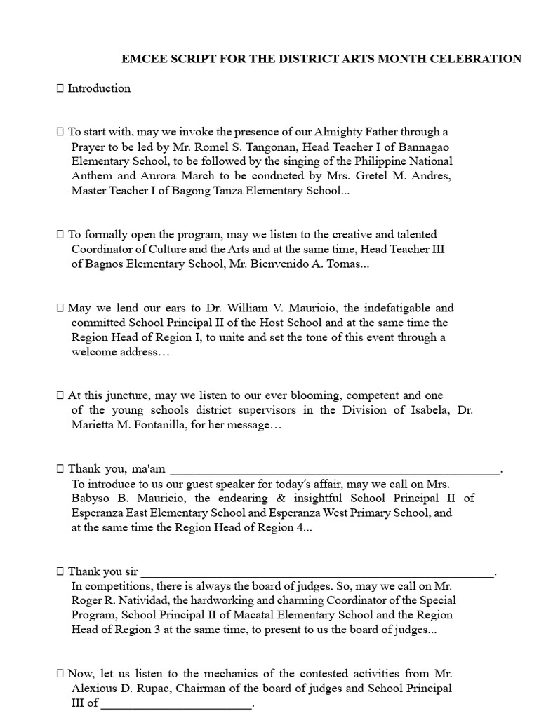 EMCEE Script For The District Arts Month Celebration | PDF | Philippines | Recreation