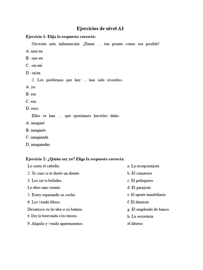 Ejercicios de español nivel A1 | PDF