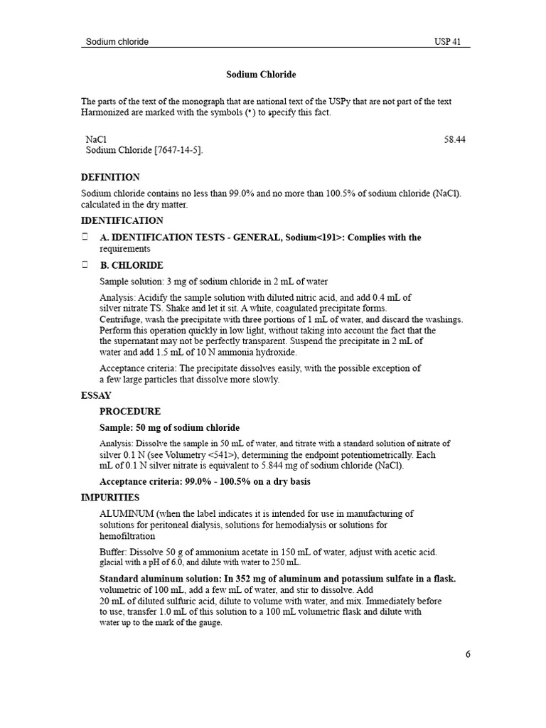 Sodium Chloride USP Monograph | PDF | Titration | Chemistry