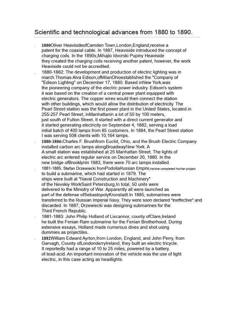 Scientific and Technological Advancements From 1880 To 1890 | PDF ...