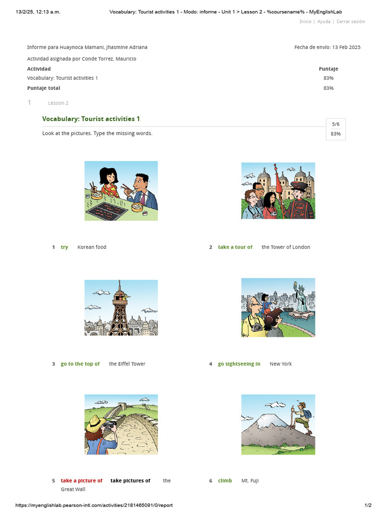 Vocabulary - Tourist Activities 1 - Modo - Informe - Unit 1 - Lesson 2 - MyEnglishLab | PDF