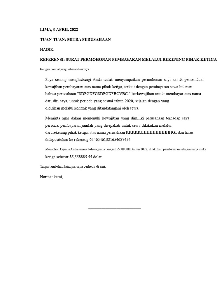 Surat Model Permohonan Pembayaran Rekening Pihak Ketiga | PDF