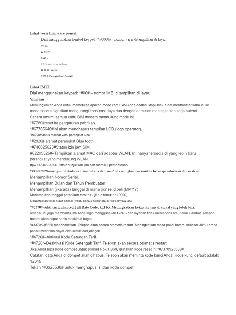 Kode Rahasia dan Firmware Ponsel Nokia | PDF