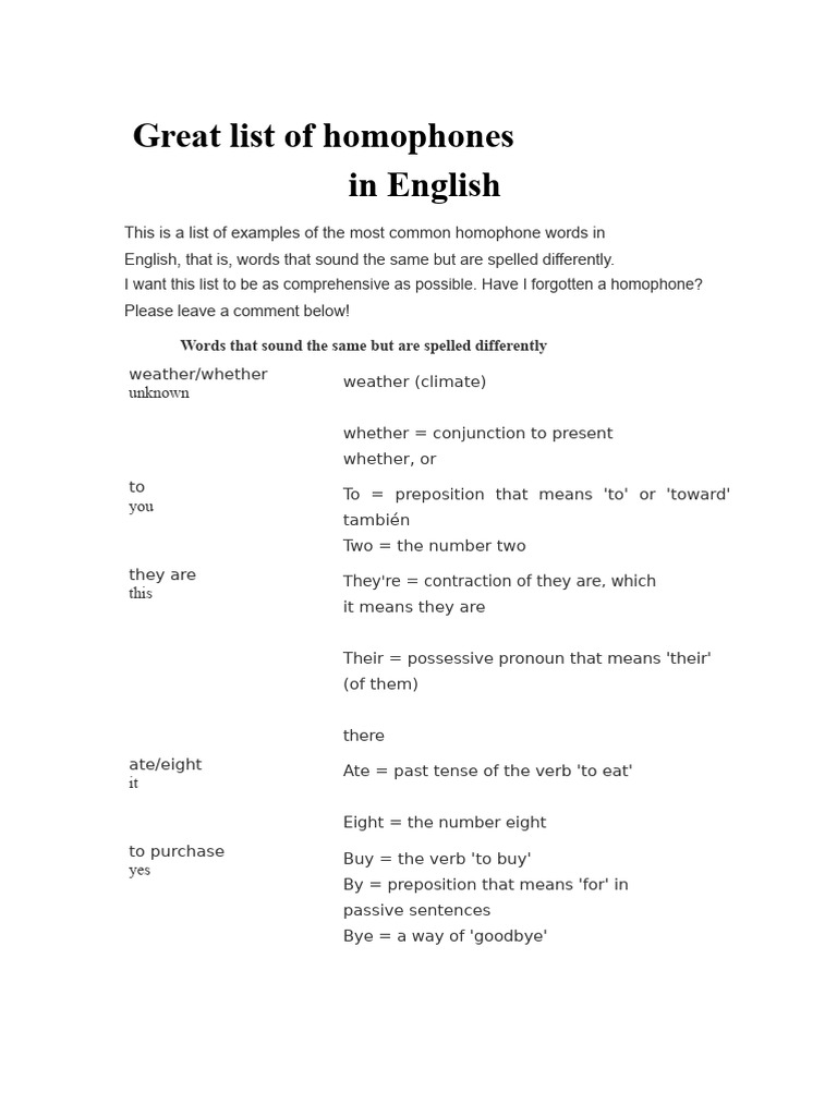 Great List of Homophones in English | PDF | English Language | Verb