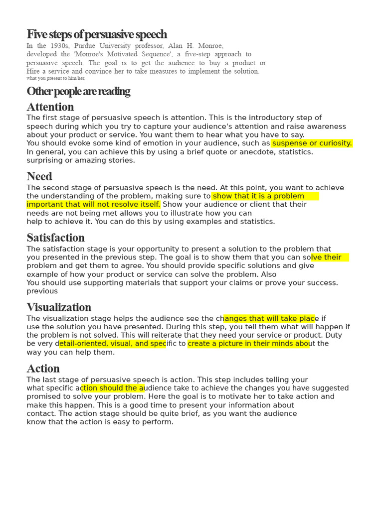 Monroe's Motivated Sequence Steps | PDF