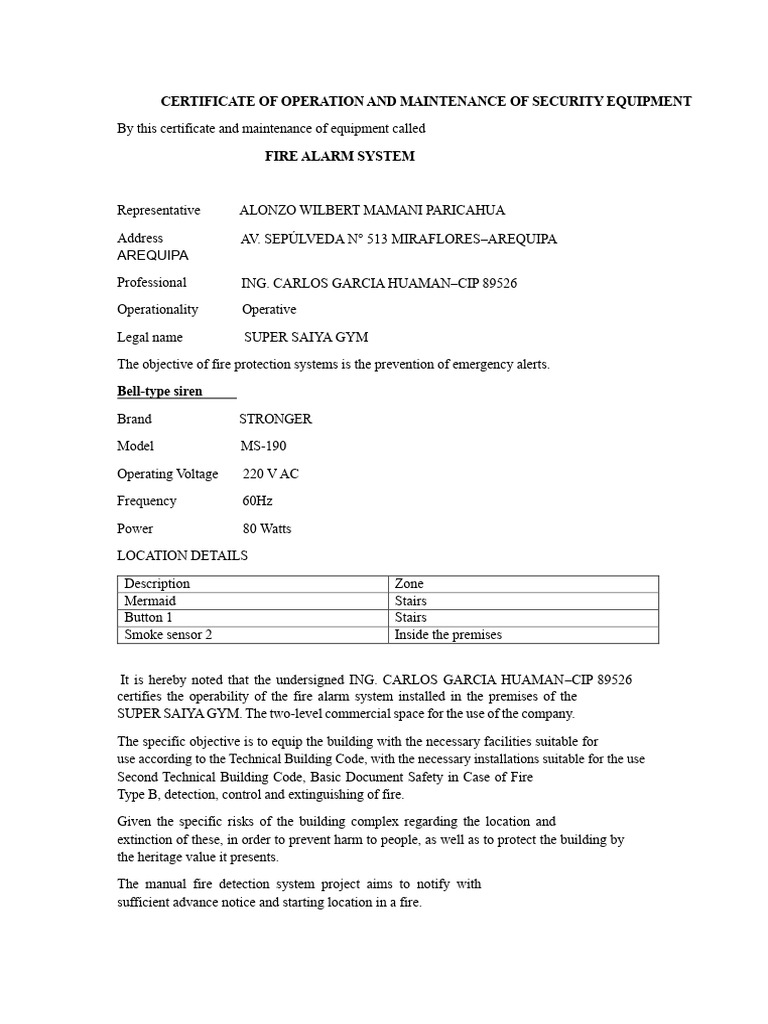 Certificate of Operationality and Maintenance of Security Equipment ...