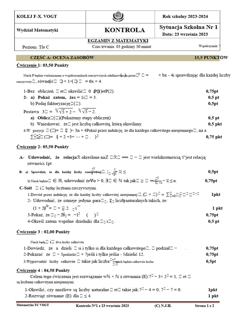 Vogt Matematyka Tle C N'1 2023-2024 | PDF