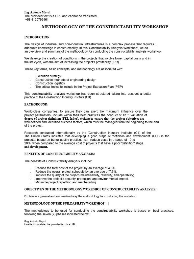 METHODOLOGY OF THE CONSTRUCTIBILITY WORKSHOP | PDF | Methodology ...