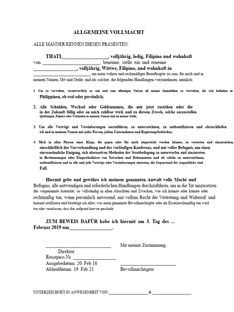 Allgemeine Vollmacht Vorlage | PDF