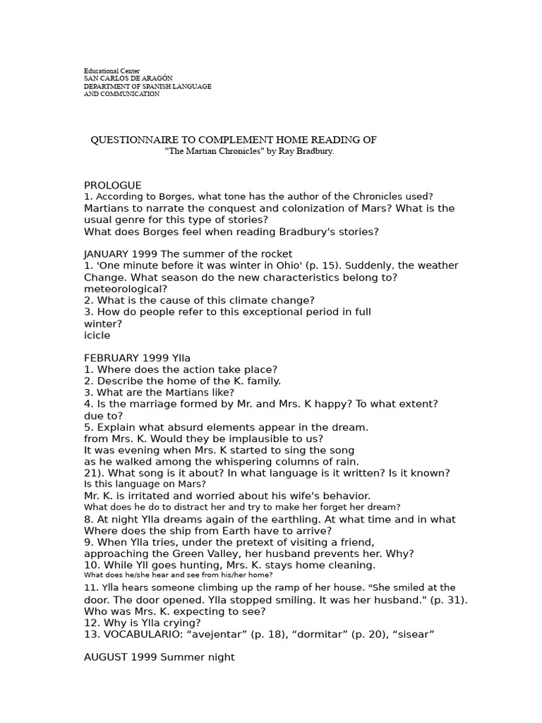 "Martian Chronicles Reading Questionnaire" | PDF | Mars