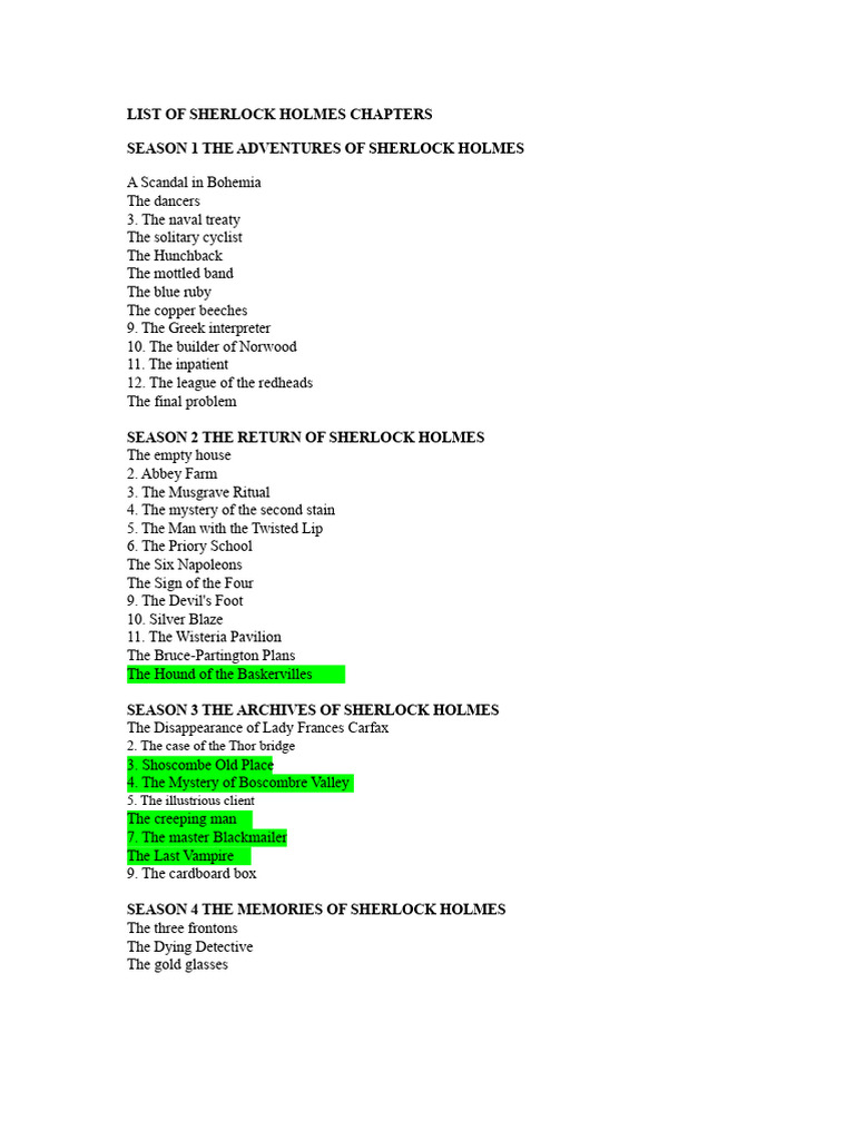 List of Chapters Sherlock Holmes | PDF
