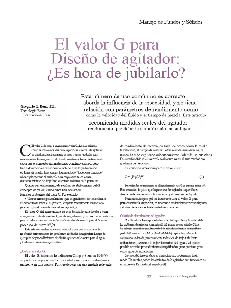 Valor G para El Diseño Del Agitador | PDF | Viscosidad | Numero Reynolds