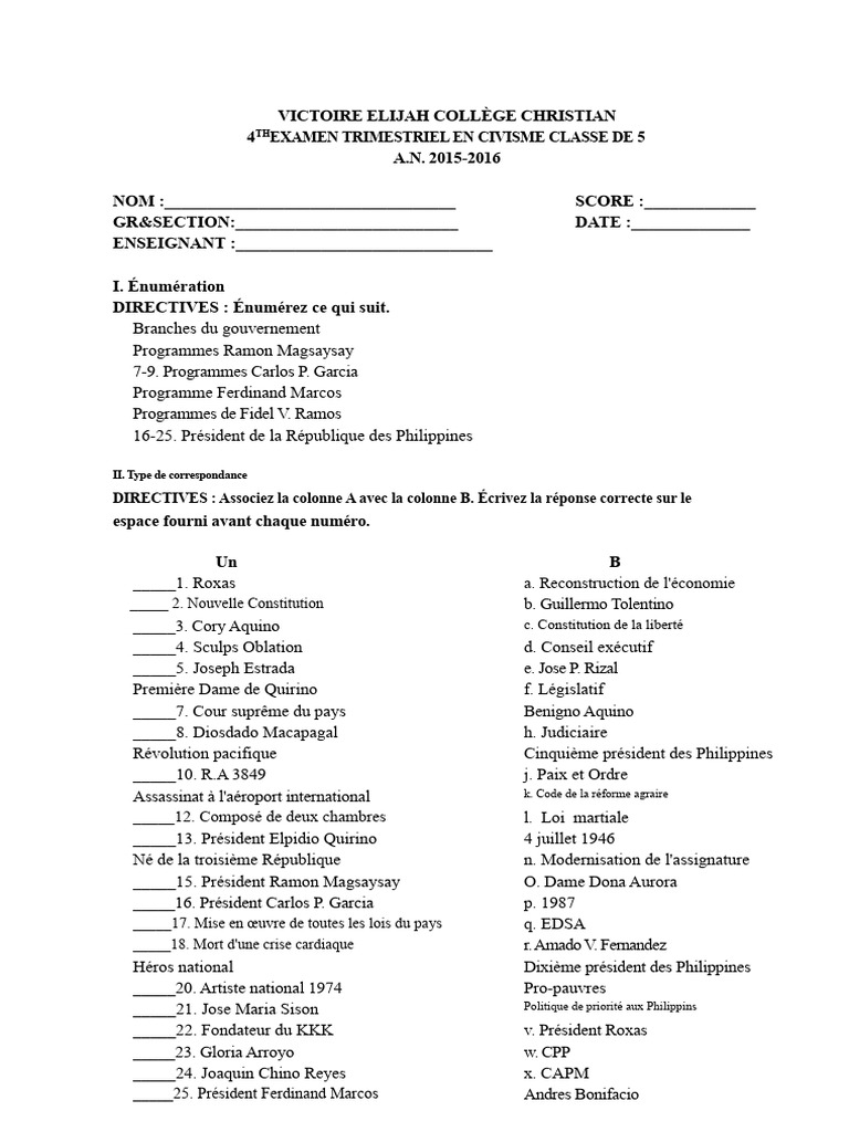 Examen de civisme pour la classe de 5e | PDF | Philippines | Gouvernement