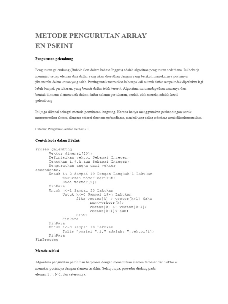 Metode Pengurutan Vektor Di PSeInt | PDF