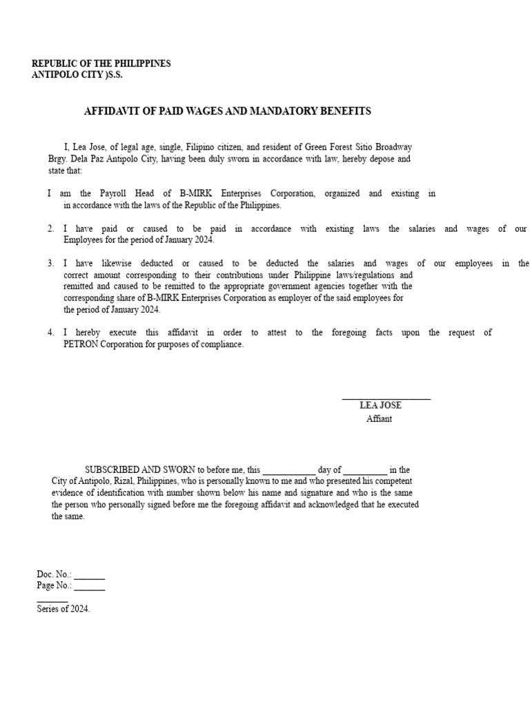 AFFIDAVIT OF PAID WAGES & BENEFITS - For M' Kamille's Checking | PDF