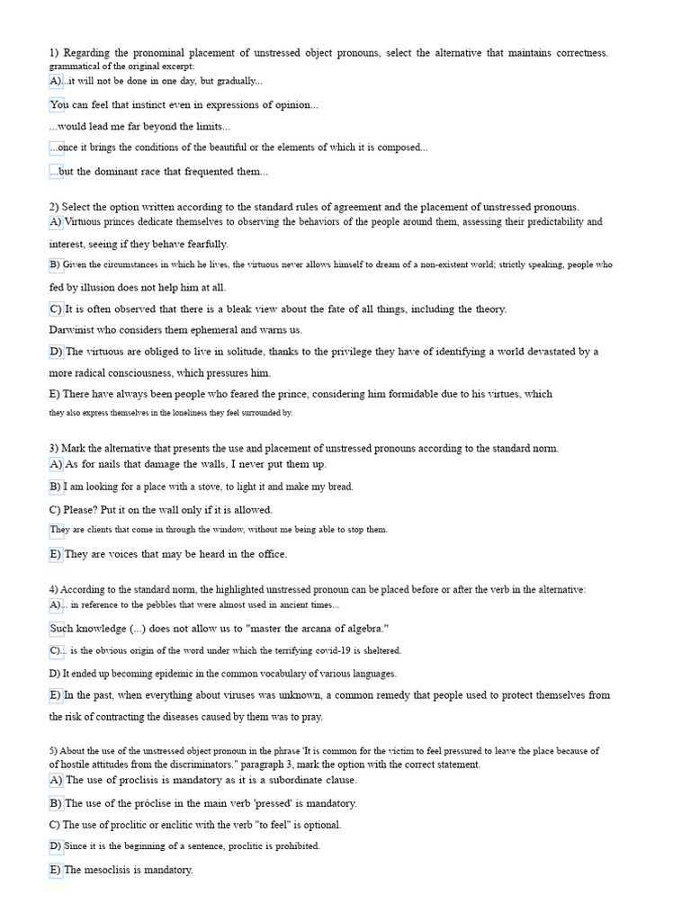 Exercise Pronoun Placement | PDF | Verb | Syntactic Relationships