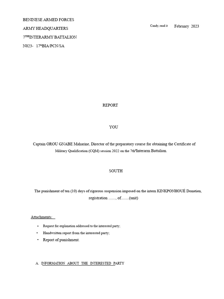 Benin Army Report on Intern Punishment | PDF | Military