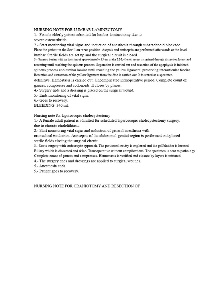 Nursing Note For Lumbar Laminectomy | PDF