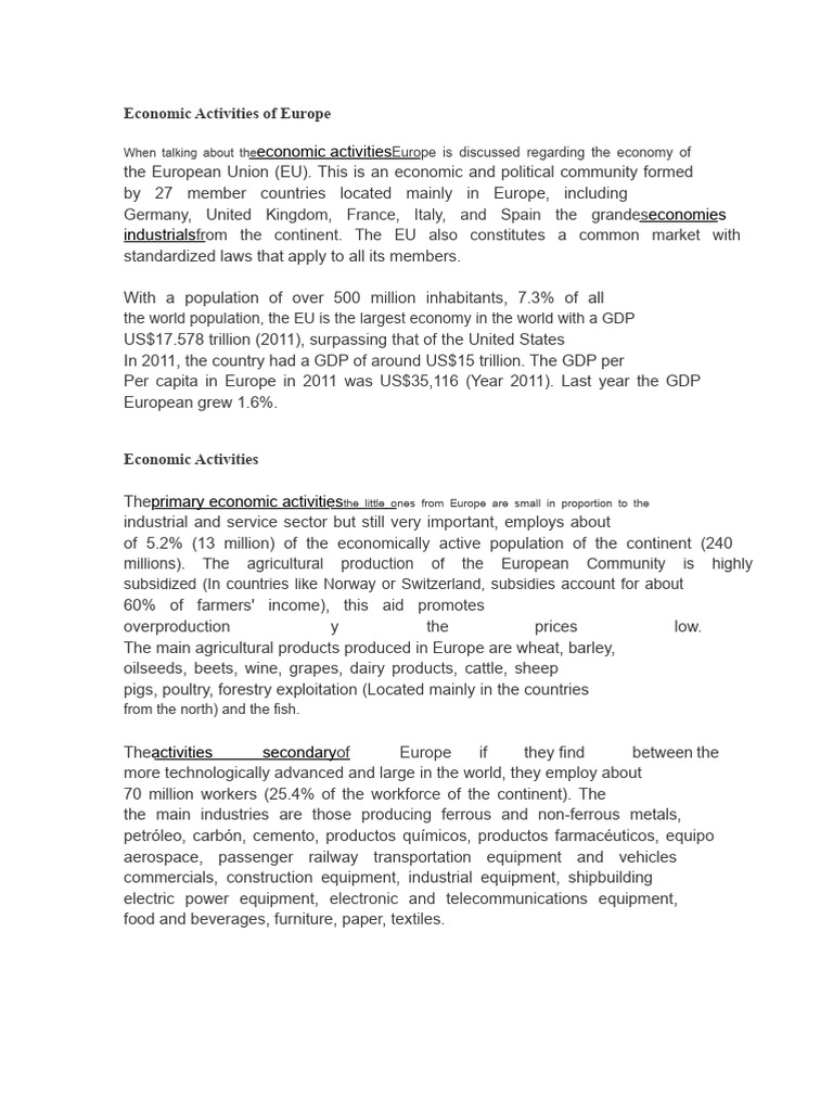 Economic Activities of Europe | PDF | Economy Of The European Union | Economies