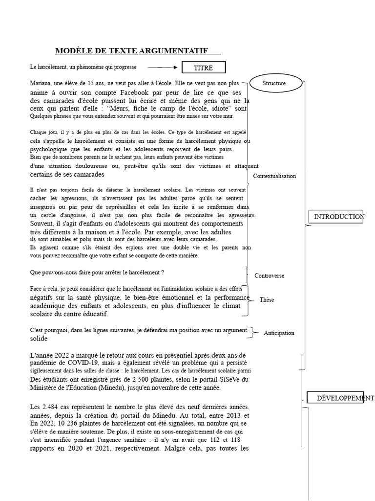 Modèle de Texte Argumentatif | PDF | Harcèlement | Adolescence