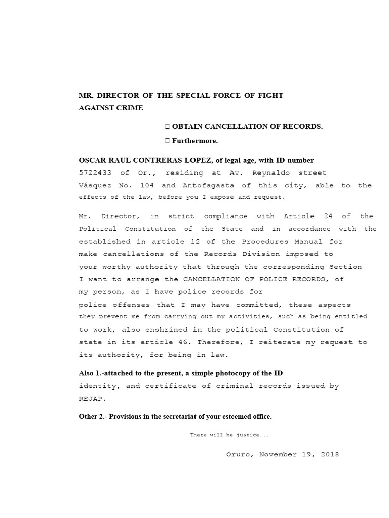 Request for Police Record Cancellation | PDF