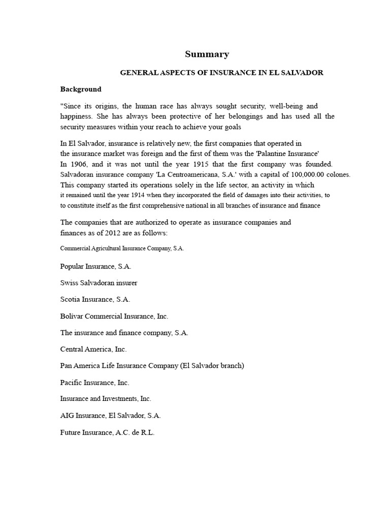 Summary of General Legal Aspects of Insurance in El Salvador | PDF ...
