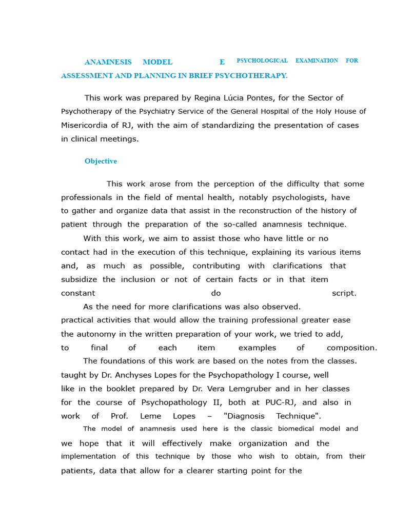Model of Anamnesis and Psychological Examination For Evaluation and ...