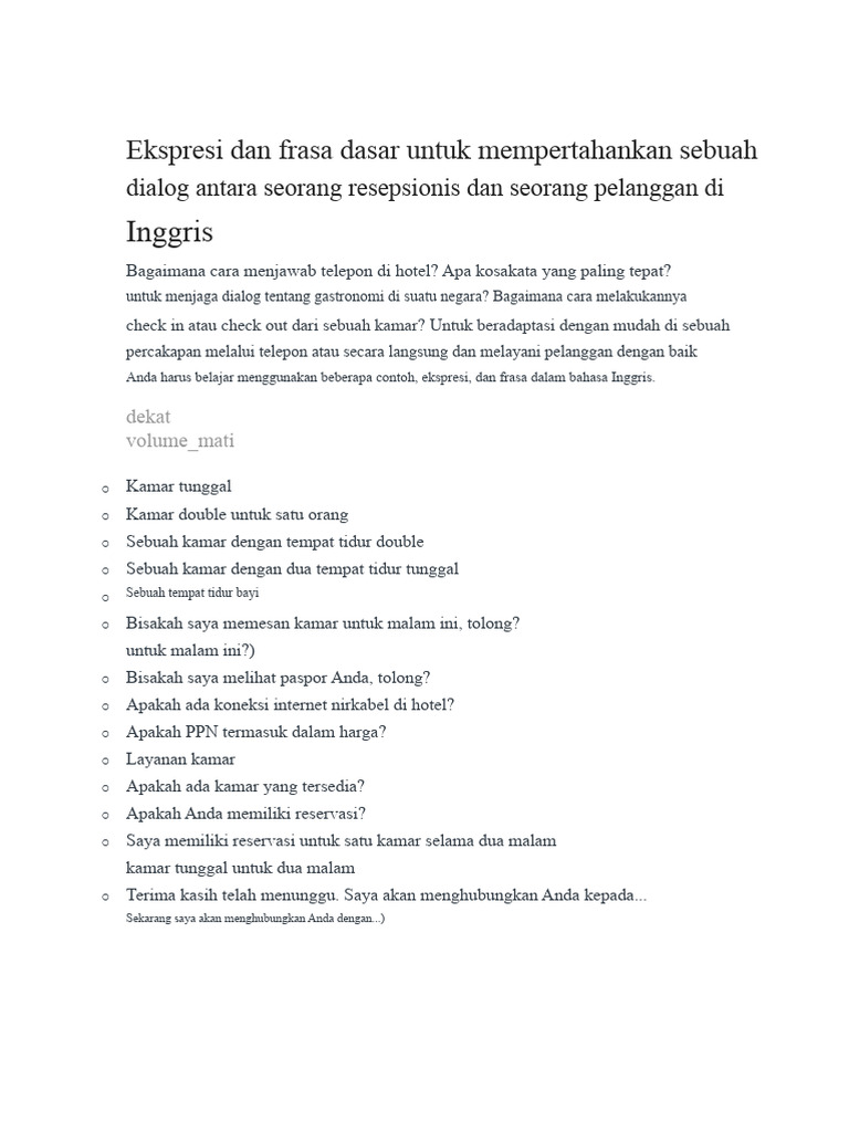 Dialog Resepsionis Hotel dalam Bahasa Inggris | PDF