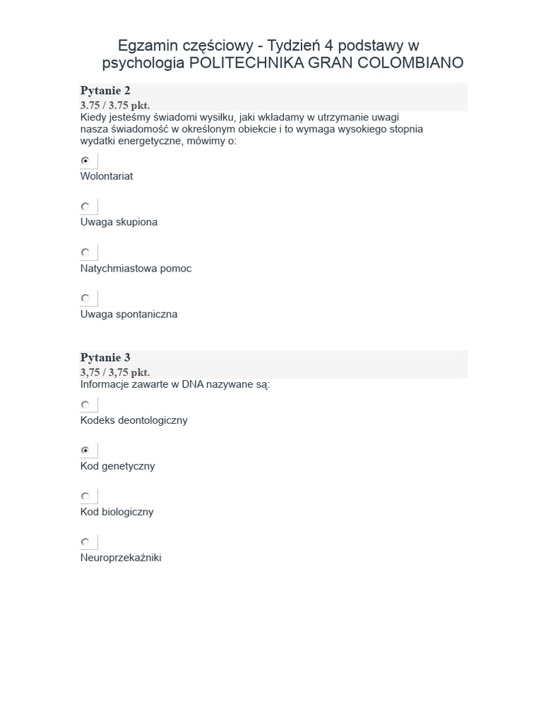 Egzamin Cząstkowy - Tydzień 4 PODSTAWY PSYCHOLOGII | PDF