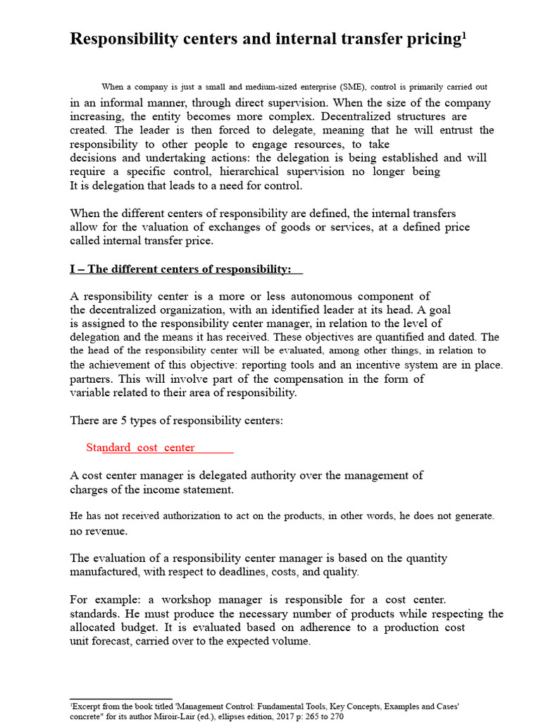 Responsibility Centers and Internal Transfer Pricing | PDF | Revenue | Expense
