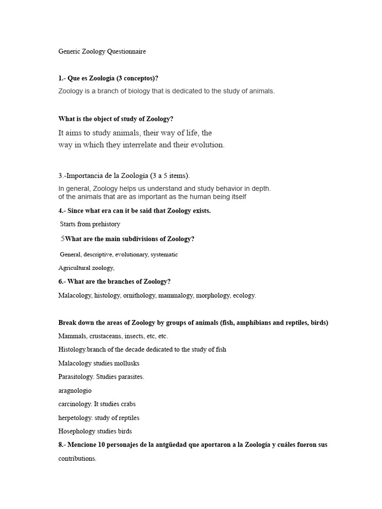 Generic Zoology Questionnaire | PDF | Zoology | Biology