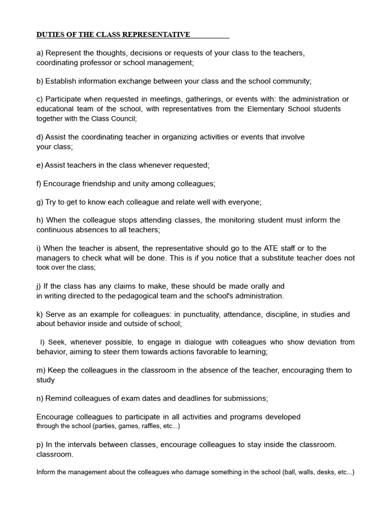 Class Representative Duties Overview | PDF | Teachers | Learning