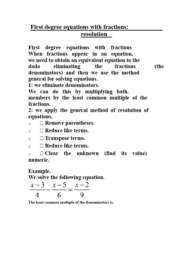 First Degree Equations With Fractions | PDF