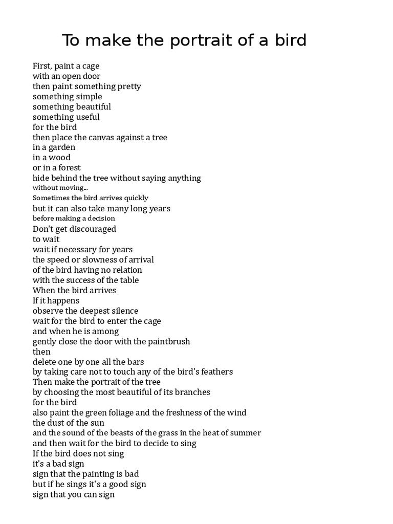 To Create The Portrait of A Bird - Version Letter Page | PDF | Poetry ...
