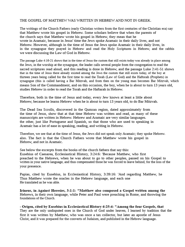 The Gospel of Matthew Was Written in Hebrew and Not in Greek. | PDF ...
