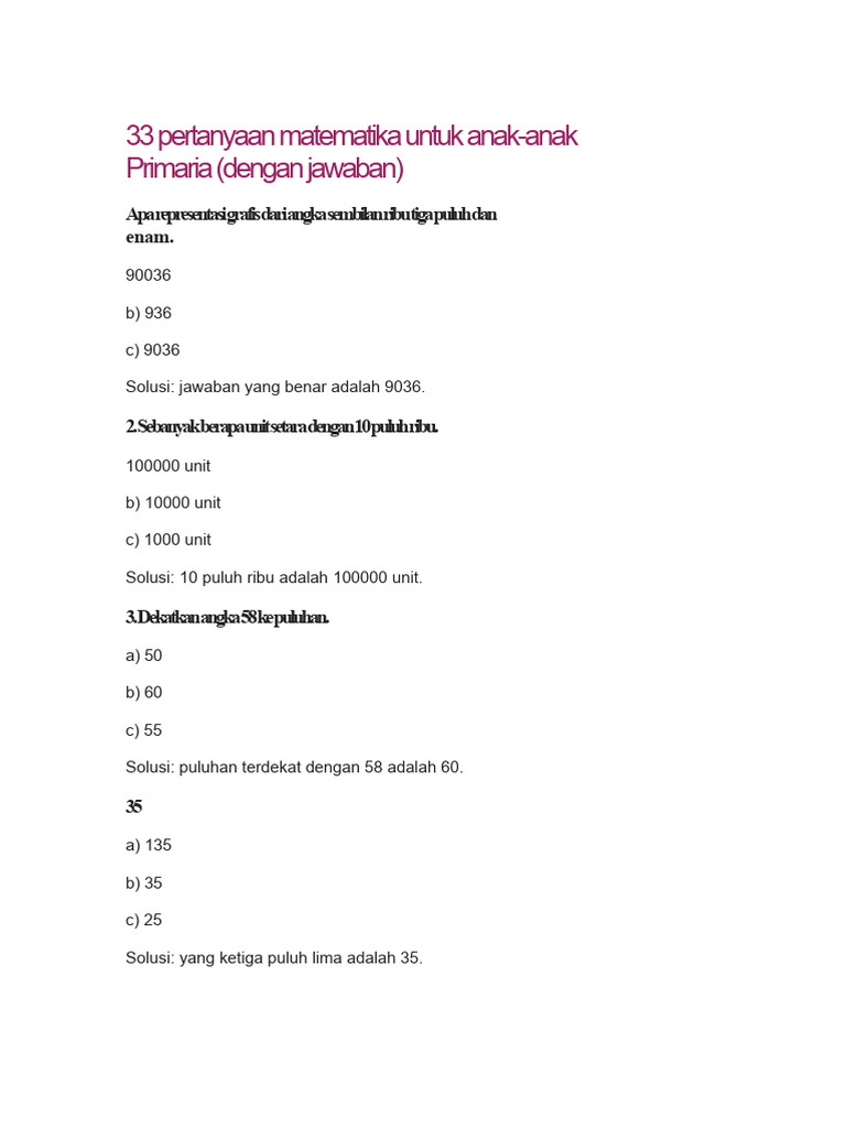 33 Pertanyaan Matematika Untuk Anak-Anak Sekolah Dasar | PDF