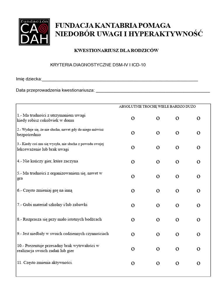 Kwestionariusz Dla Rodziców ADHD | PDF