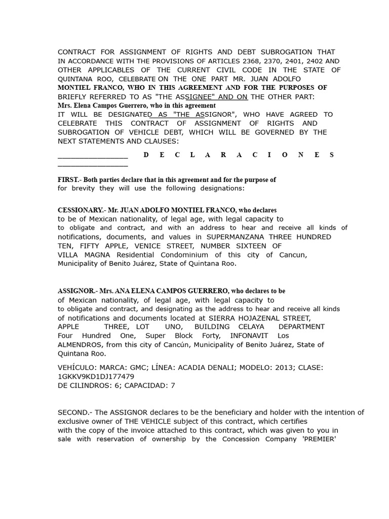 Assignment and Subrogation Format | PDF | Assignment (Law) | Private Law
