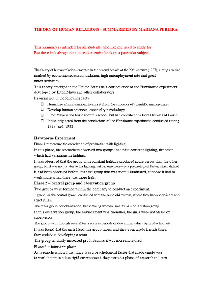 Summary Of Human Relations Theory 1 Pdf Leadership Motivation